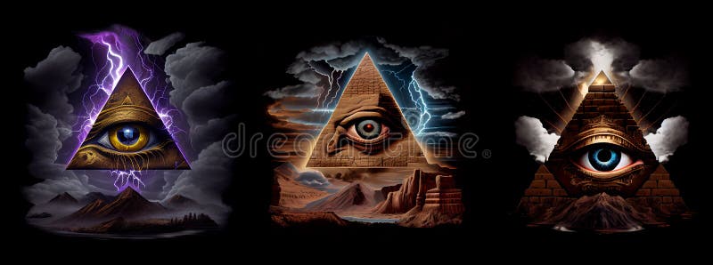 Set of Eyes of Providence with Pyramid and Lightning. AI Generative ...