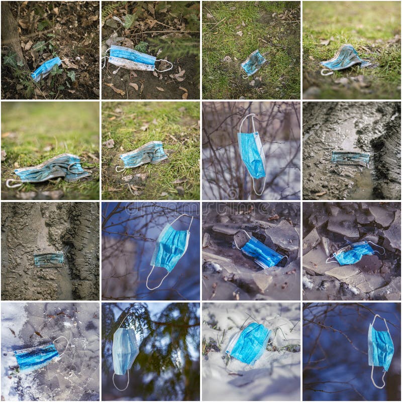Set of Face Masks Pollution, Blue Mask Covered in Mud in the Park on ...