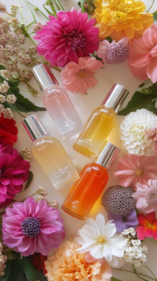 A Set of Face Mists with Glass Spray Bottles, Surrounded by Fresh Stock ...
