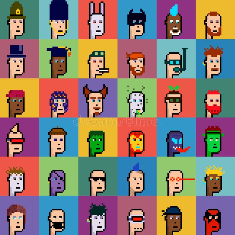 Set of Faces in Pixel Style. NFT Collection. Heads of Different ...
