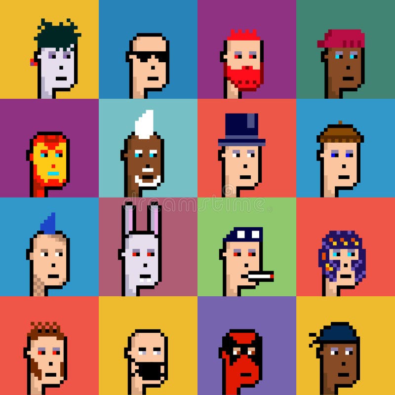 Set of Faces in Pixel Style. NFT Collection. Heads of Different ...