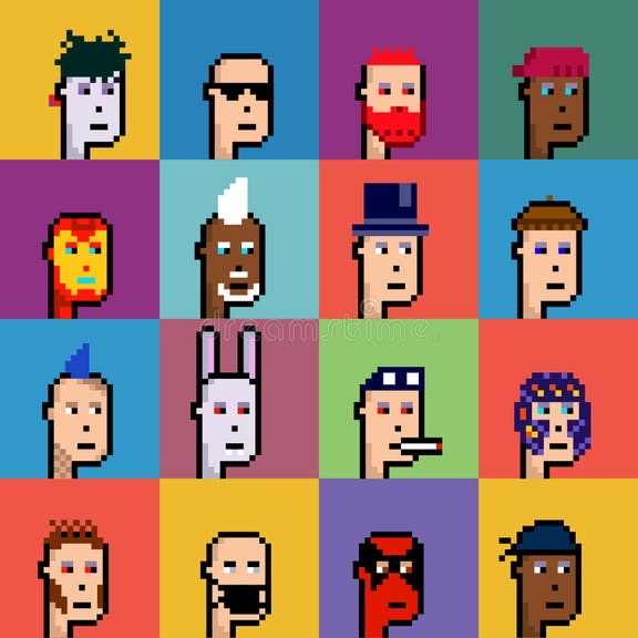 Set of Faces in Pixel Style. NFT Collection. Heads of Different ...