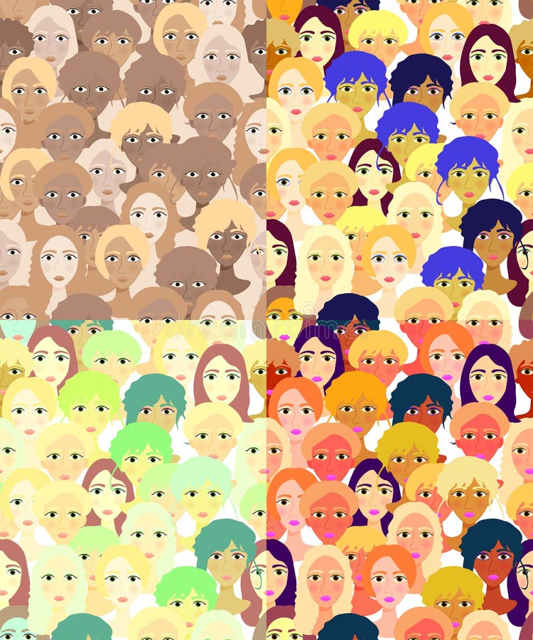 Set Faces Of Women Girls Blue Seamless Vector Illustration Stock