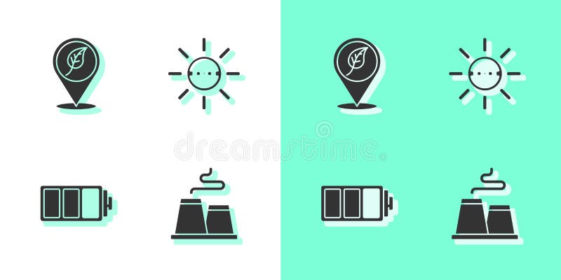 Set Factory, Location with Leaf, Battery and Solar Energy Panel Icon ...