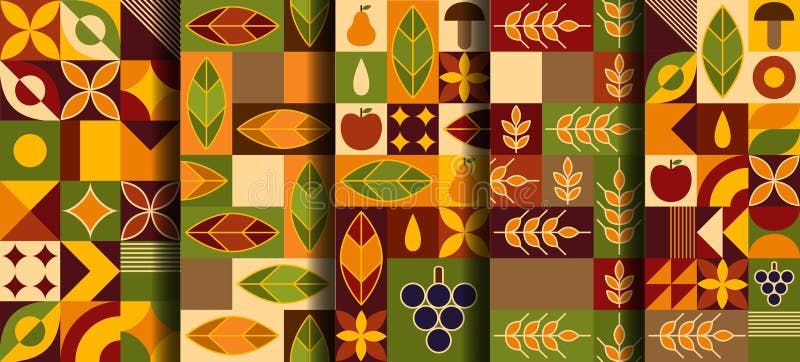 Set of Fall Patterns in Bauhaus Geometric Style. Stock Vector ...