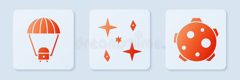 Set Falling Stars, Space Capsule and Parachute and Planet. White Square ...