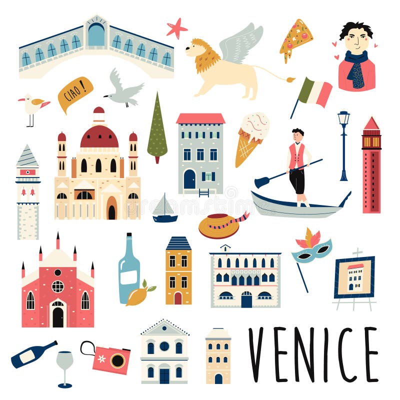Illustrated Map of Venice with Famous Symbols, Landmarks and Building ...