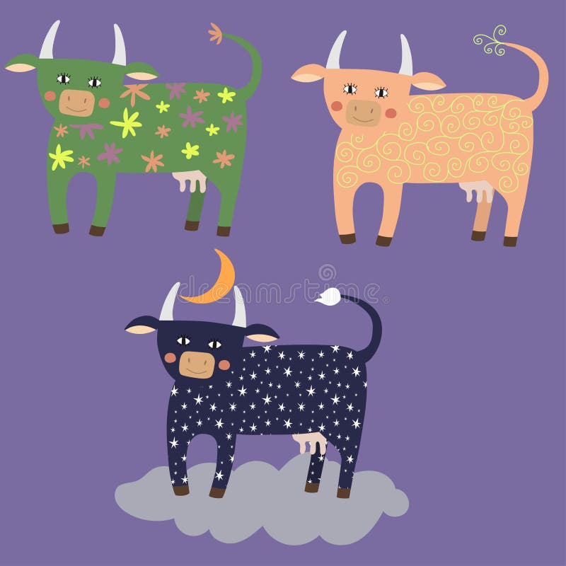 Set of Fantastic Cows with Colorful Patterns Stock Vector ...