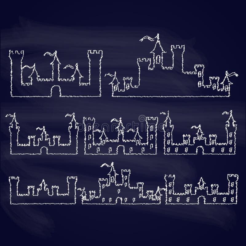 Set of Fantasy Castles Chalk Silhouettes for Design. on Grey Background ...