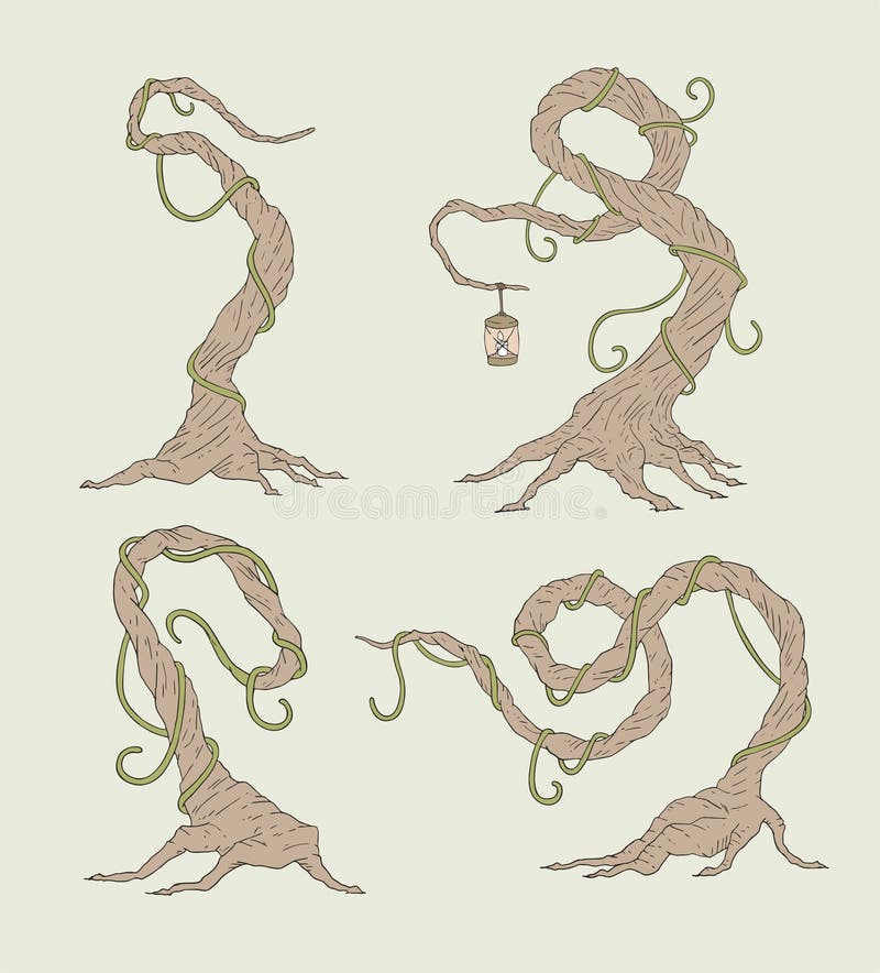 Set of Fantasy Tree Trunk Draw Stock Vector - Illustration of root ...