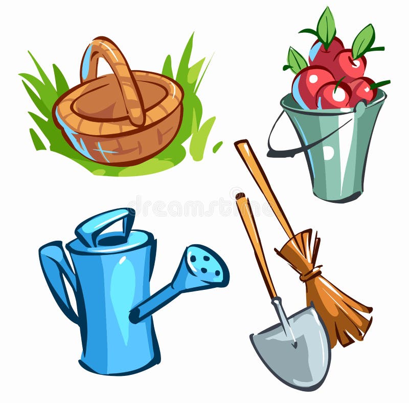 Set Farm Tools Cartoon Vector Illustration. Garden Cute Instruments ...