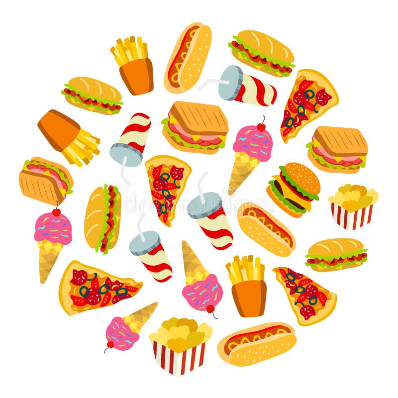 Set of Fast Food Icons in Circle Shape. Stock Vector - Illustration of ...