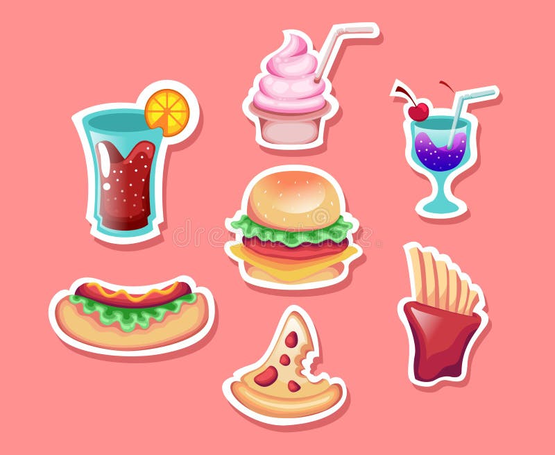 Set of Fast Food Vector Sticker Stock Vector - Illustration of doodle ...