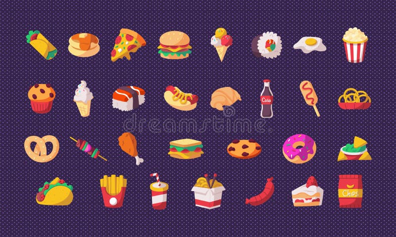 Set of fast foods icons stock vector. Illustration of cola - 220364013