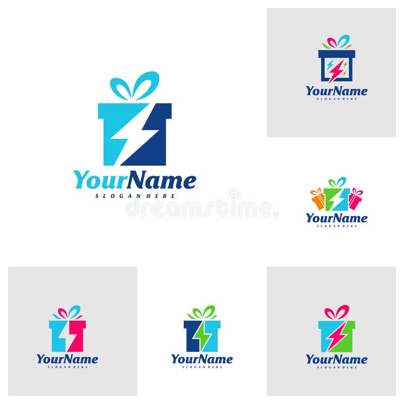 Set of Fast Gift Logo Design Template. Thunder Gift Logo Concept Vector ...