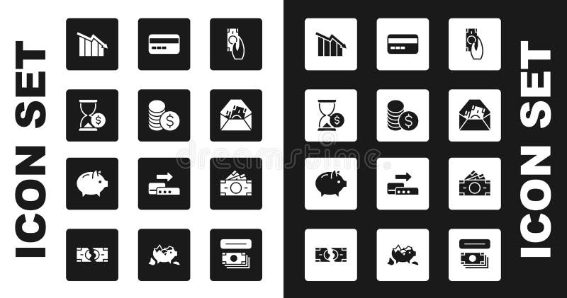 Set Fast Payments, Coin Money with Dollar, Hourglass, Financial Growth Decrease, Envelope Symbol ...