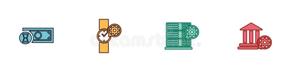 Set Fast Payments, Wrist Watch Setting, Server and Bank Building Icon ...