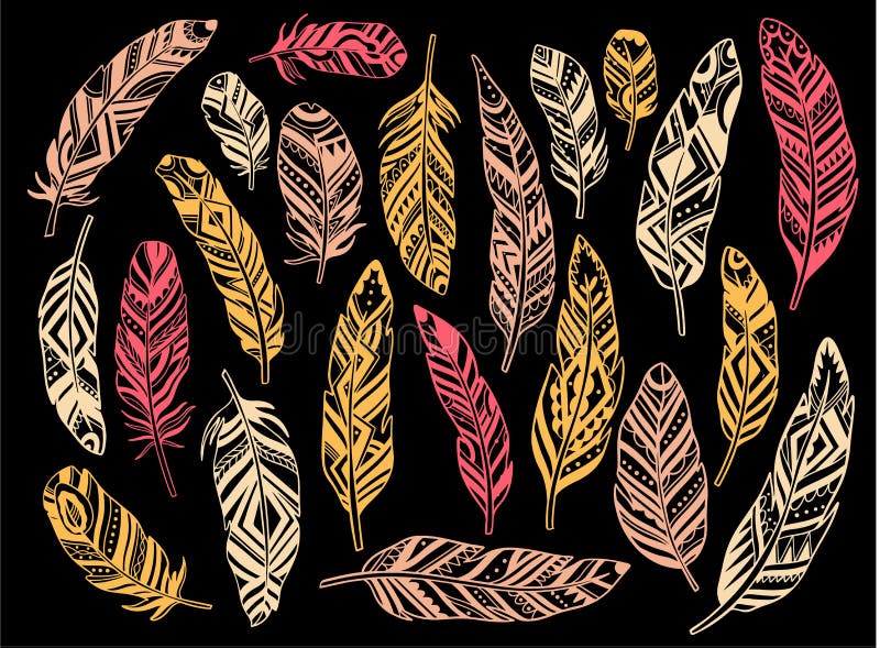 Set Feather Abstract Isolated Decoration. Boho Rustic Style Stock ...