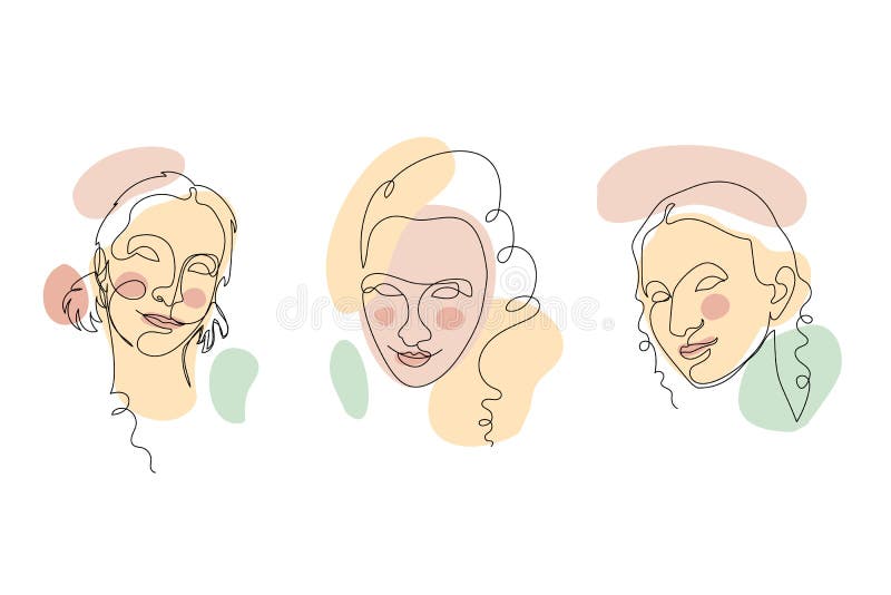 Set of Female Face Single Line Drawings and Pastel Abstract Shapes ...