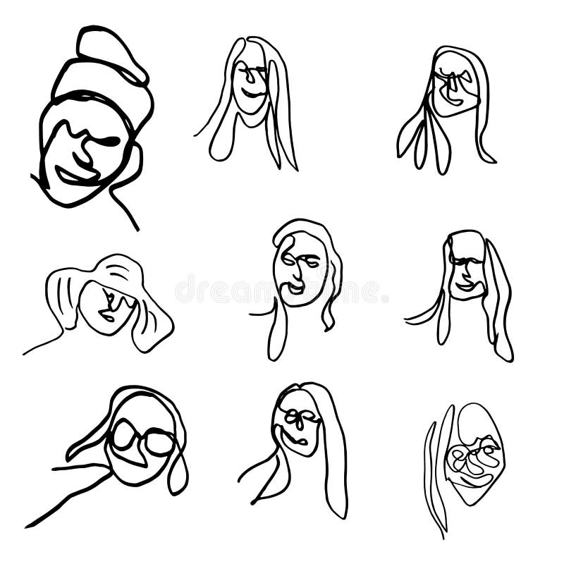 A Set of Female Faces Drawn by Hand in a Single Line. Drawing in a ...