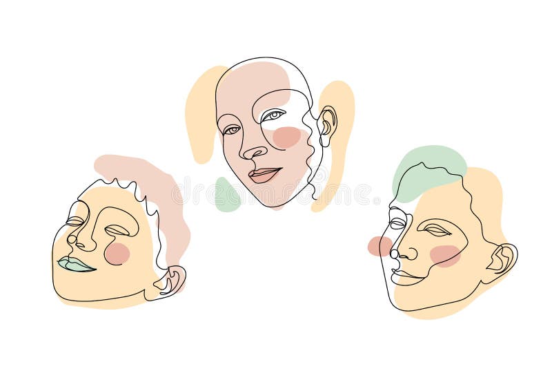 Set of Female Faces Single Line Drawings and Pastel Abstract Shapes ...