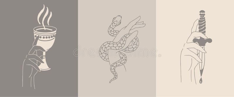 A Set of Emblems with Mystical Symbols in Their Hands Stock Vector ...