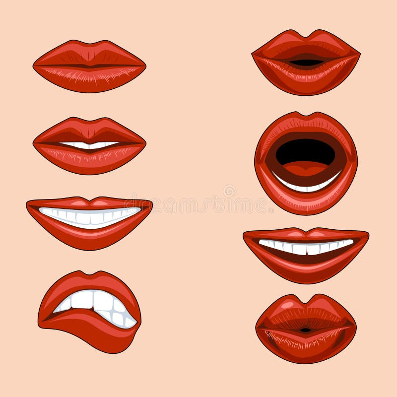 Set of Female Lips Expressing Different Emotions in a Comic Style Stock ...