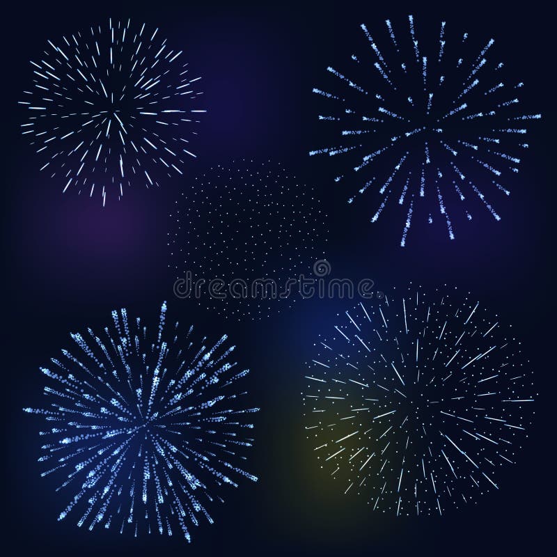 Set of Festive Firework Bursting in Various Shapes Sparkling on Black ...