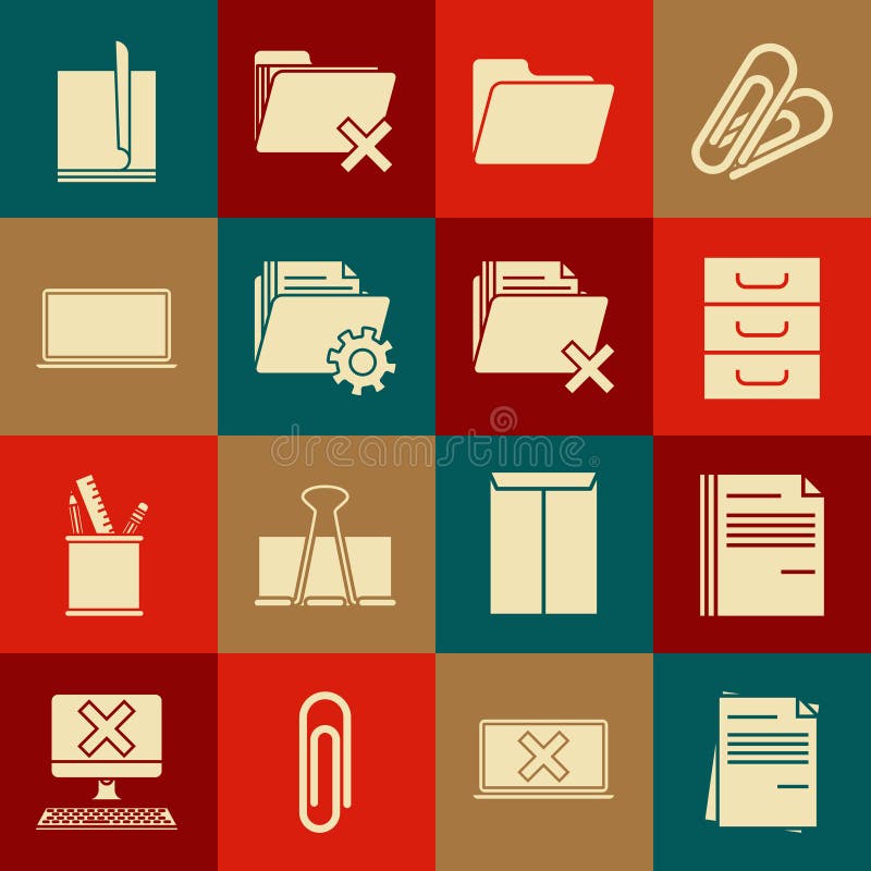 Set File Document, Drawer with Documents, Document Folder, Folder Settings Gears, Laptop, and ...