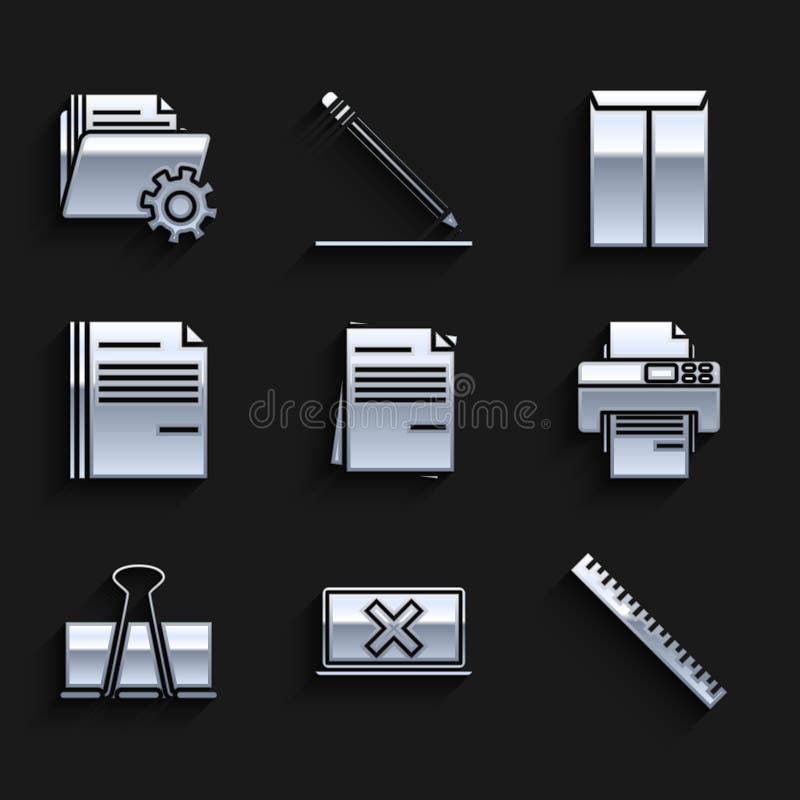 Set File Document, Laptop and Cross Mark on Screen, Ruler, Printer ...