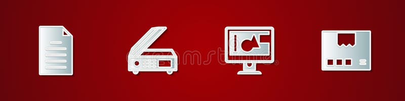 Set File Document, Scanner, Computer Monitor Screen and Carton ...
