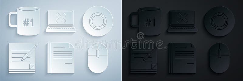 Set File Document, Scotch, Blank Notebook and Pen, Computer Mouse, Laptop Cross Mark on Screen ...