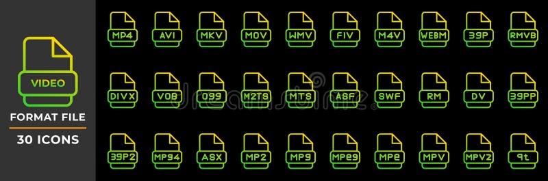 Set File Format Icon in Gradient Style. Mp4, Avi, Mov, Flv, Mpg, File ...