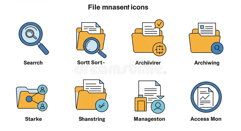 Set of File Management Icons Featuring Folders and Documents. Each Icon ...