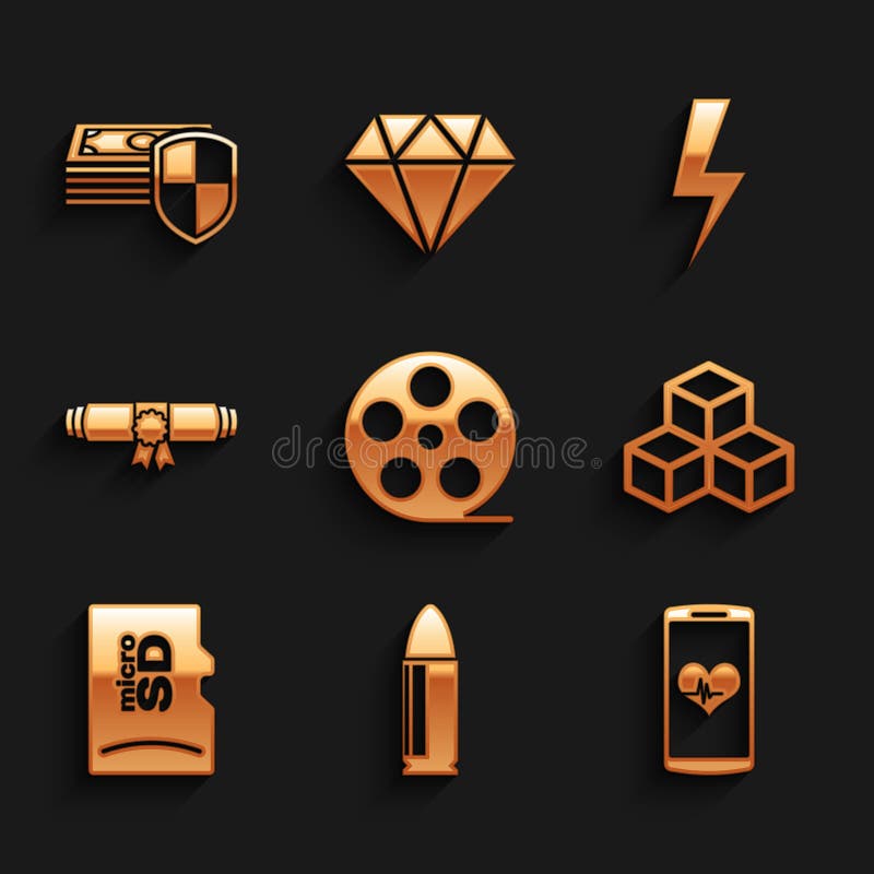 Set Film Reel, Bullet, Smartphone with Heart Rate, Isometric Cube ... Set Film Reel, Bullet, Smartphone with Heart Rate, Isometric Cube ...