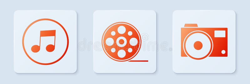 Set Film Reel, Music Note, Tone and Photo Camera. White Square Button ...