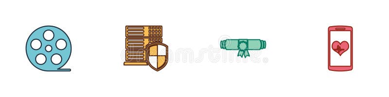 Set Film Reel, Server with Shield, Diploma Rolled Scroll and Smartphone ...