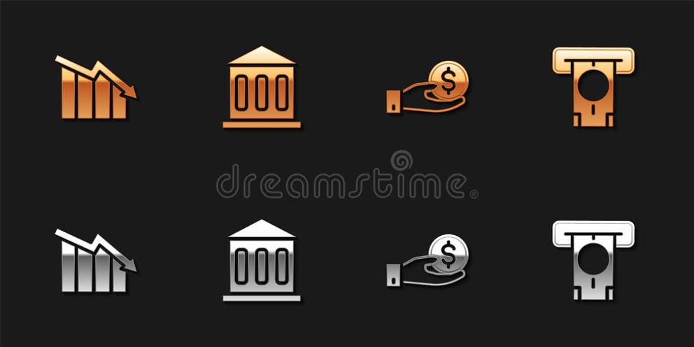 Set Financial Growth Decrease, Bank Building, Hand Giving Money and ATM Icon. Vector Stock ...