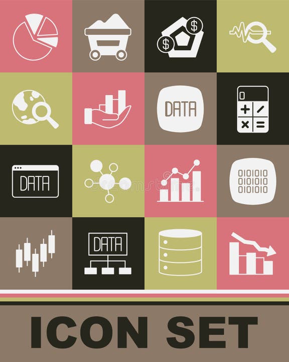 Set Financial Growth Decrease, Binary Code, Calculator, Pie Chart Infographic, Search Globe, and ...