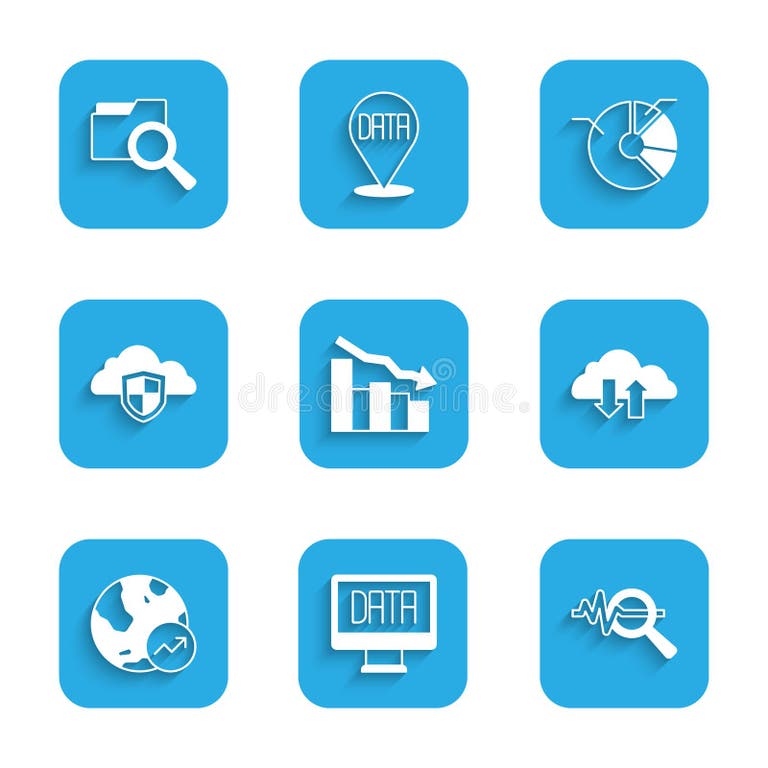 Set Financial Growth Decrease, Data Analysis, Search Data, Cloud Download and Upload, Shield ...