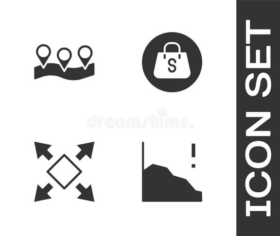 Set Financial Growth Decrease, Location, Many Ways Directional Arrow and Shopping Bag with Sale ...