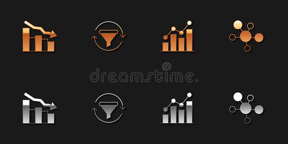 Set Financial Growth Decrease, Sales Funnel with Chart, Pie Infographic and Mind Map Icon ...