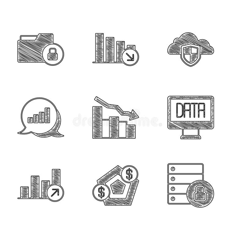 Set Financial Growth Decrease, Server Security with Padlock, Data Analysis, Pie Chart ...