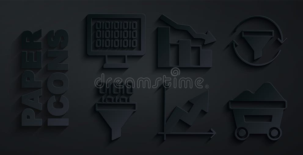 Set Financial Growth, Sales Funnel with Chart, Binary Code, Coal Mine Trolley, Decrease and Icon ...