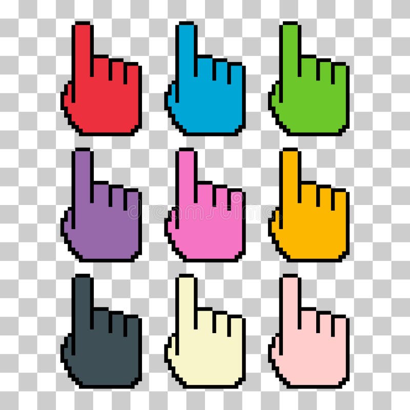 Set of Finger Pixel Icon, Web Cursor Click Mouse Symbol, Computer ...