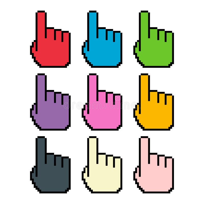Set of Finger Pixel Icon, Web Cursor Click Mouse Symbol, Computer Pointer Vector Illustration ...