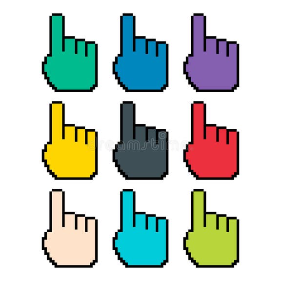 Set of Finger Pixel Icon, Web Cursor Click Mouse Symbol, Computer ...