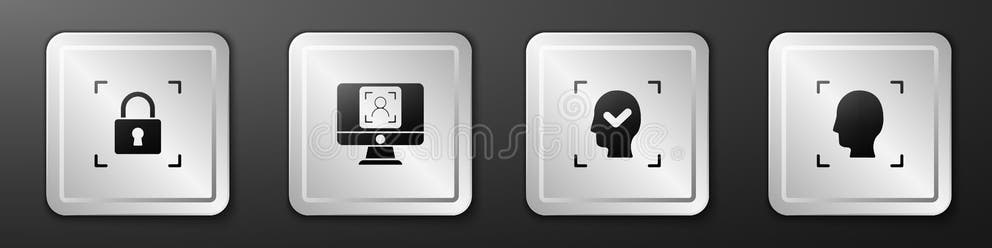 Set Fingerprint with Lock, Face Recognition, and Icon. Silver Square ...
