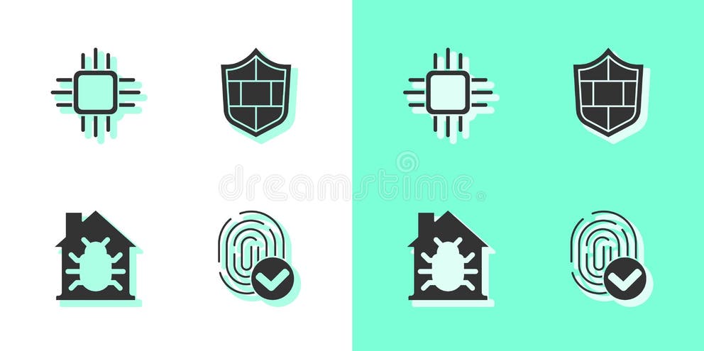 Set Fingerprint, Processor with Microcircuits CPU, House System Bug and Shield Brick Wall Icon ...