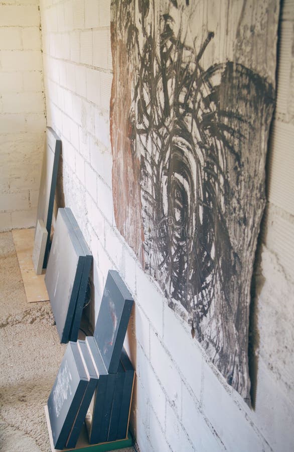 Set of Finished Modern Artworks in Artist Studio Stock Image - Image of ...